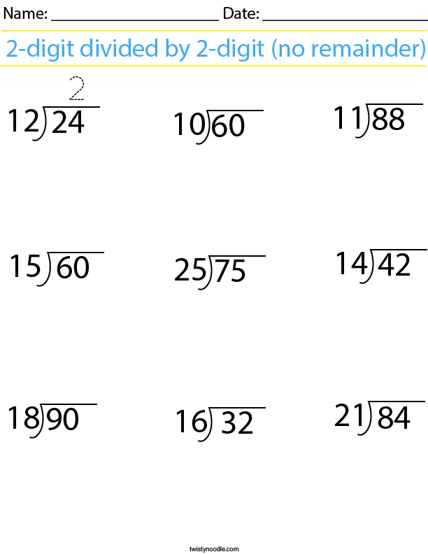 2-digit divided by 2-digit, no remainderai Math Worksheet - Twisty Noodle 2-digit divided by 2-digit, no remainderai Math Worksheet - Twisty Noodle